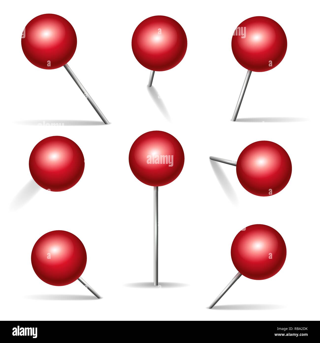 Red push pin. Vector 3d pins with metal angles and round heads for ...