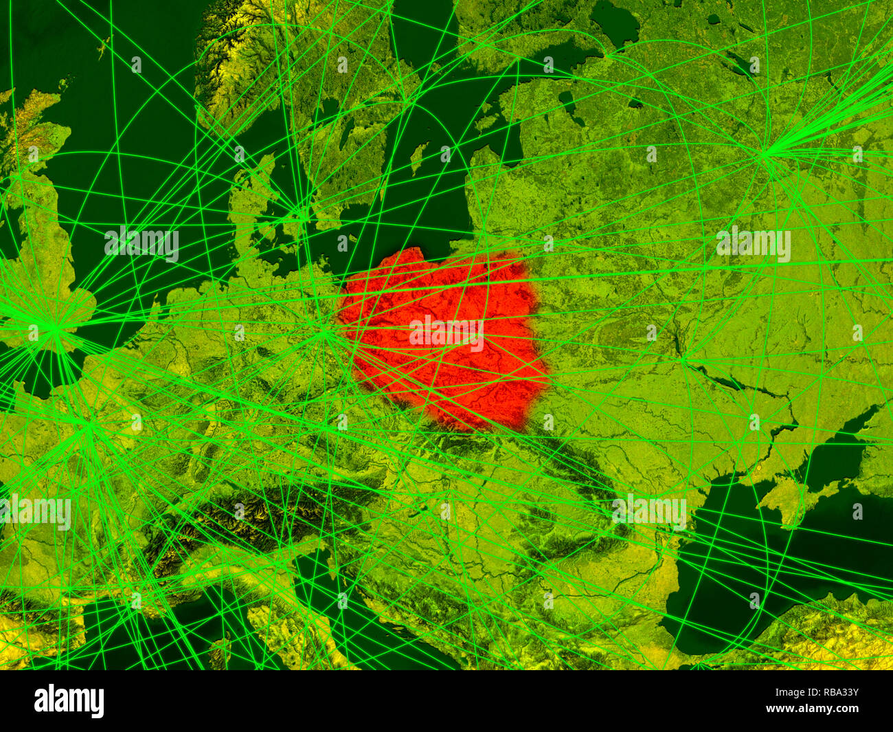 Poland on digital map with networks. Concept of international travel ...