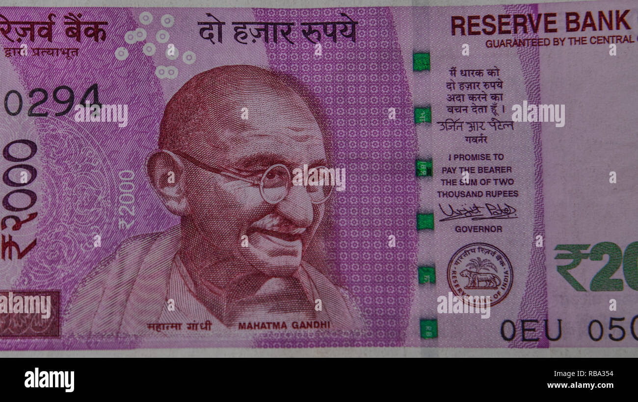Portrait of Mahatma Gandhi on the new Indian currency note of 2000 ...