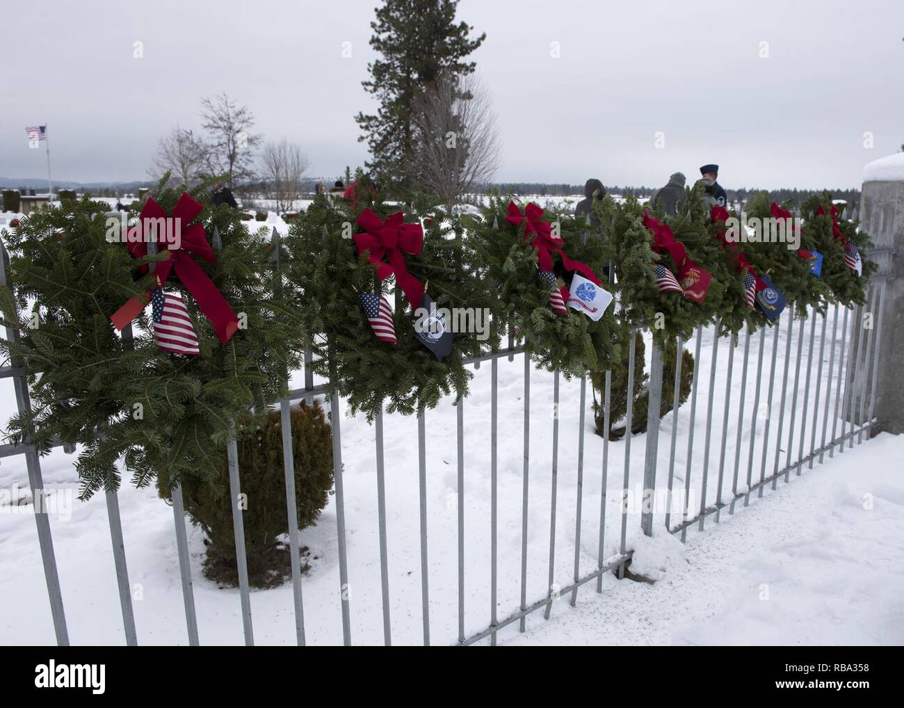 Ceremonial wreaths dedicated to the five military services decorate the ...