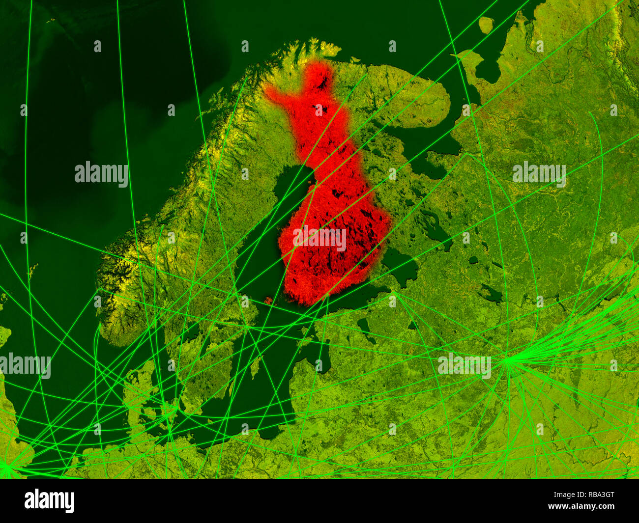Finland on digital map with networks. Concept of international travel ...
