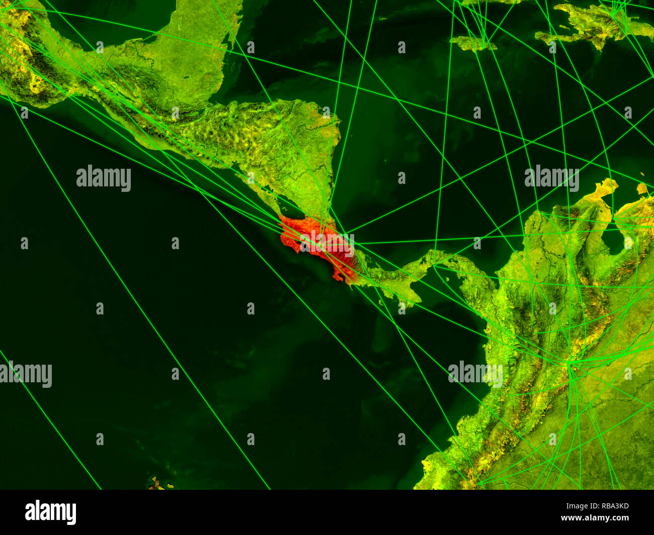 Costa Rica on digital map with networks. Concept of international ...