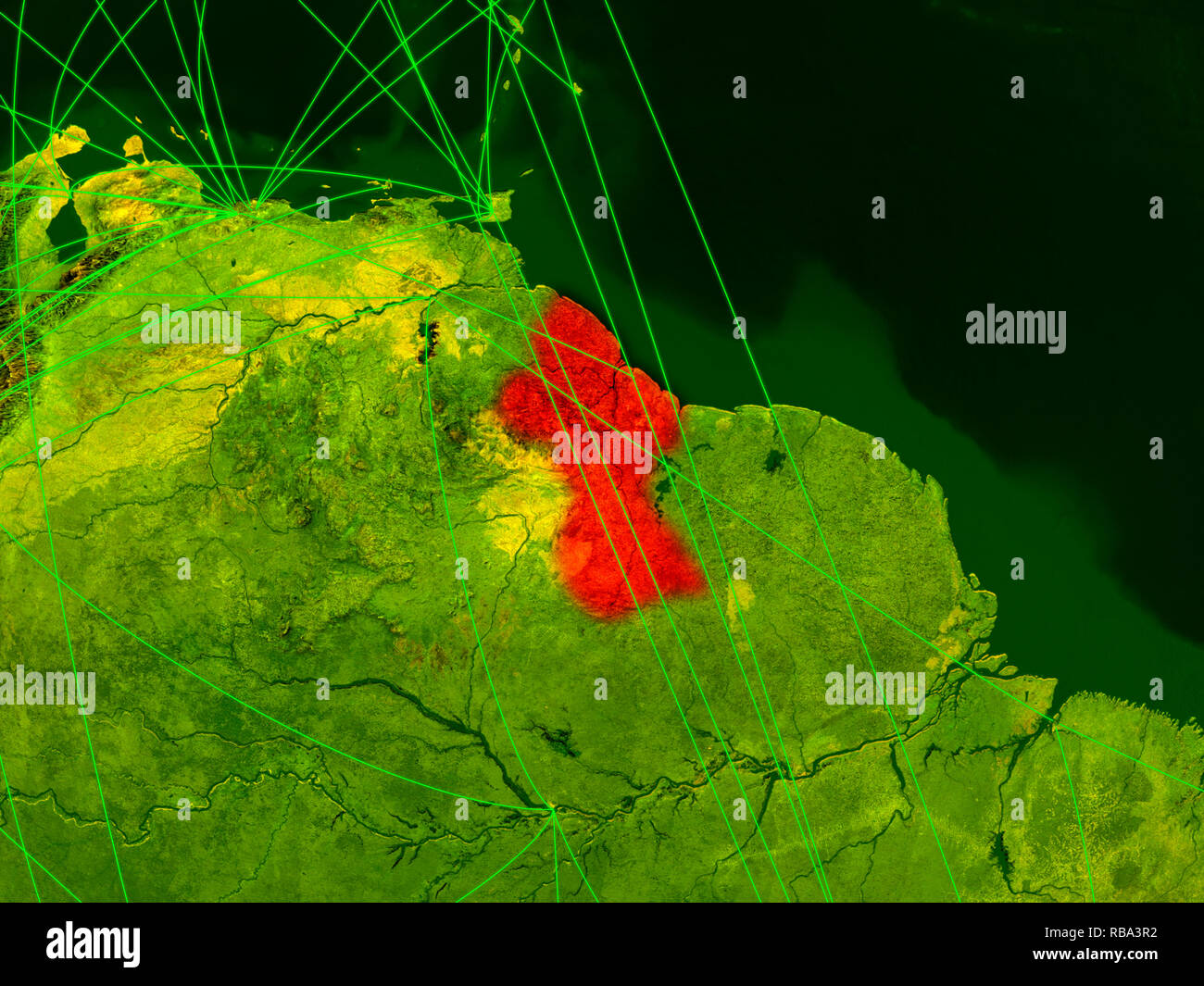 Guyana on digital map with networks. Concept of international travel ...