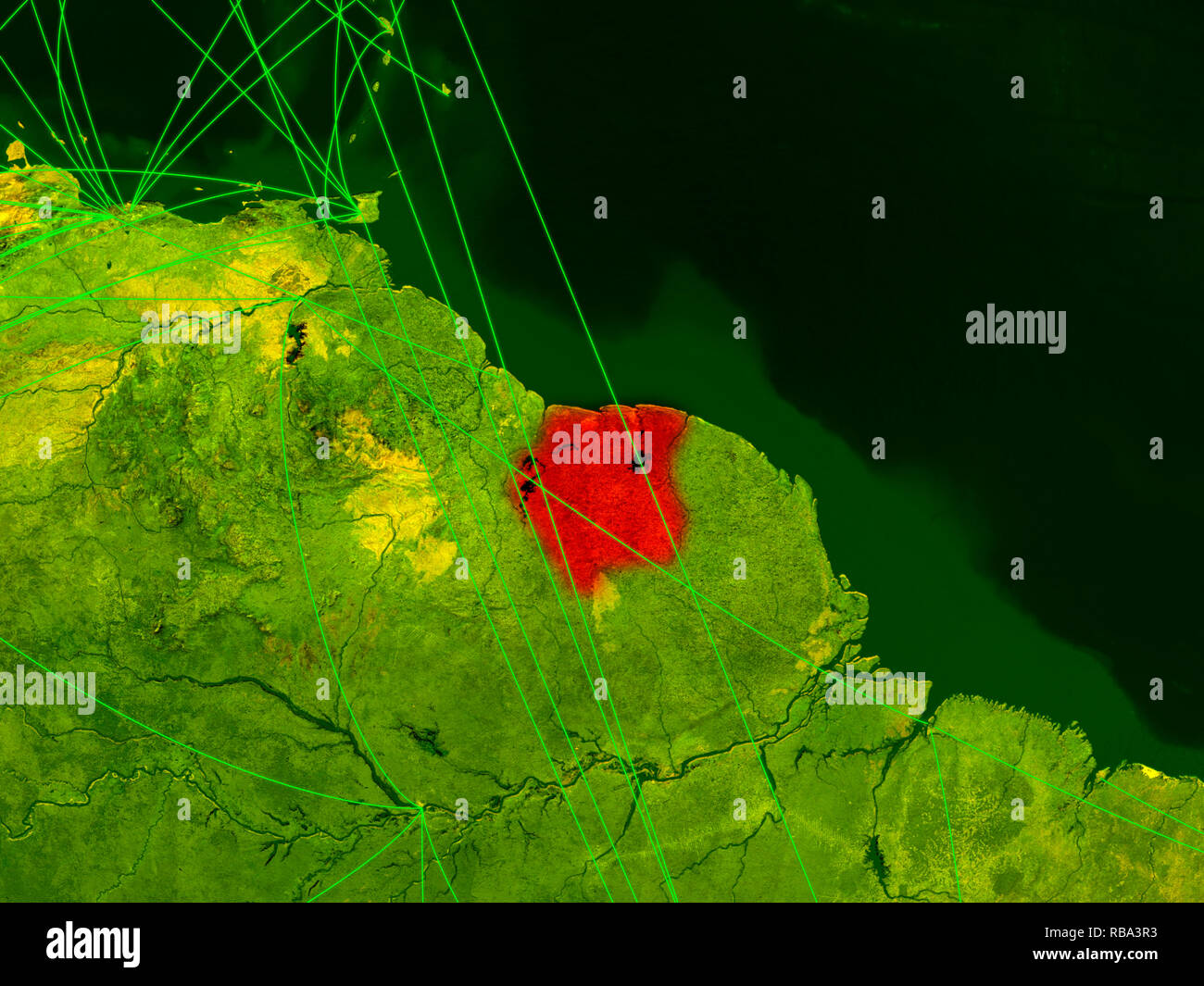 Suriname on digital map with networks. Concept of international travel ...