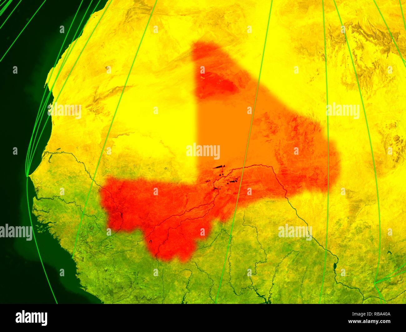 Mali on digital map with networks. Concept of international travel ...