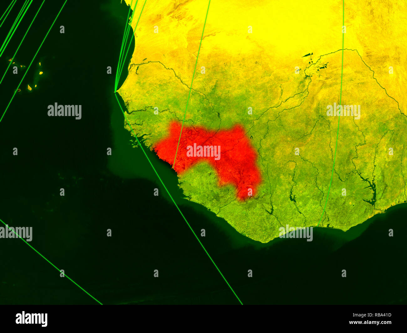 Guinea on digital map with networks. Concept of international travel ...