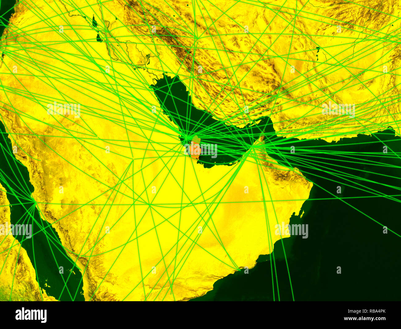 Qatar on digital map with networks. Concept of international travel ...