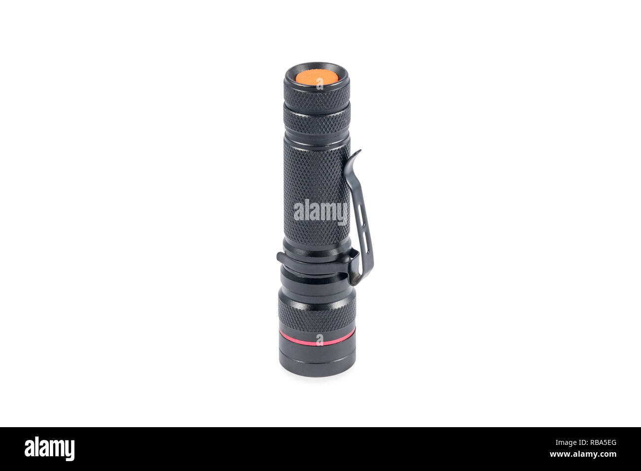 black metal pocket flashlight with a button on the handle isolated on ...