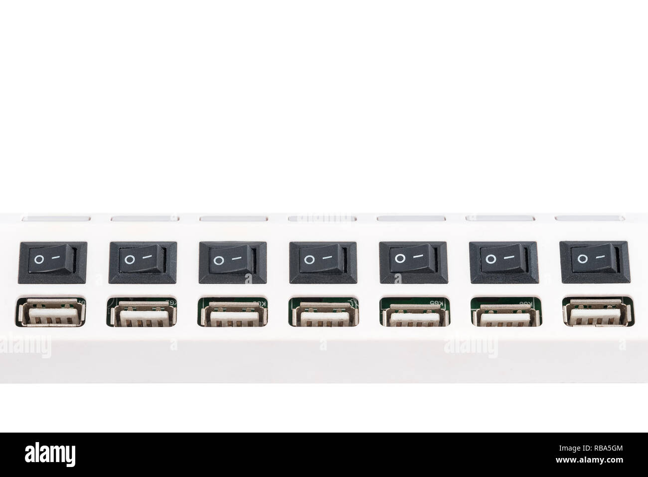 row of sockets for usb with switches isolated on white background Stock ...