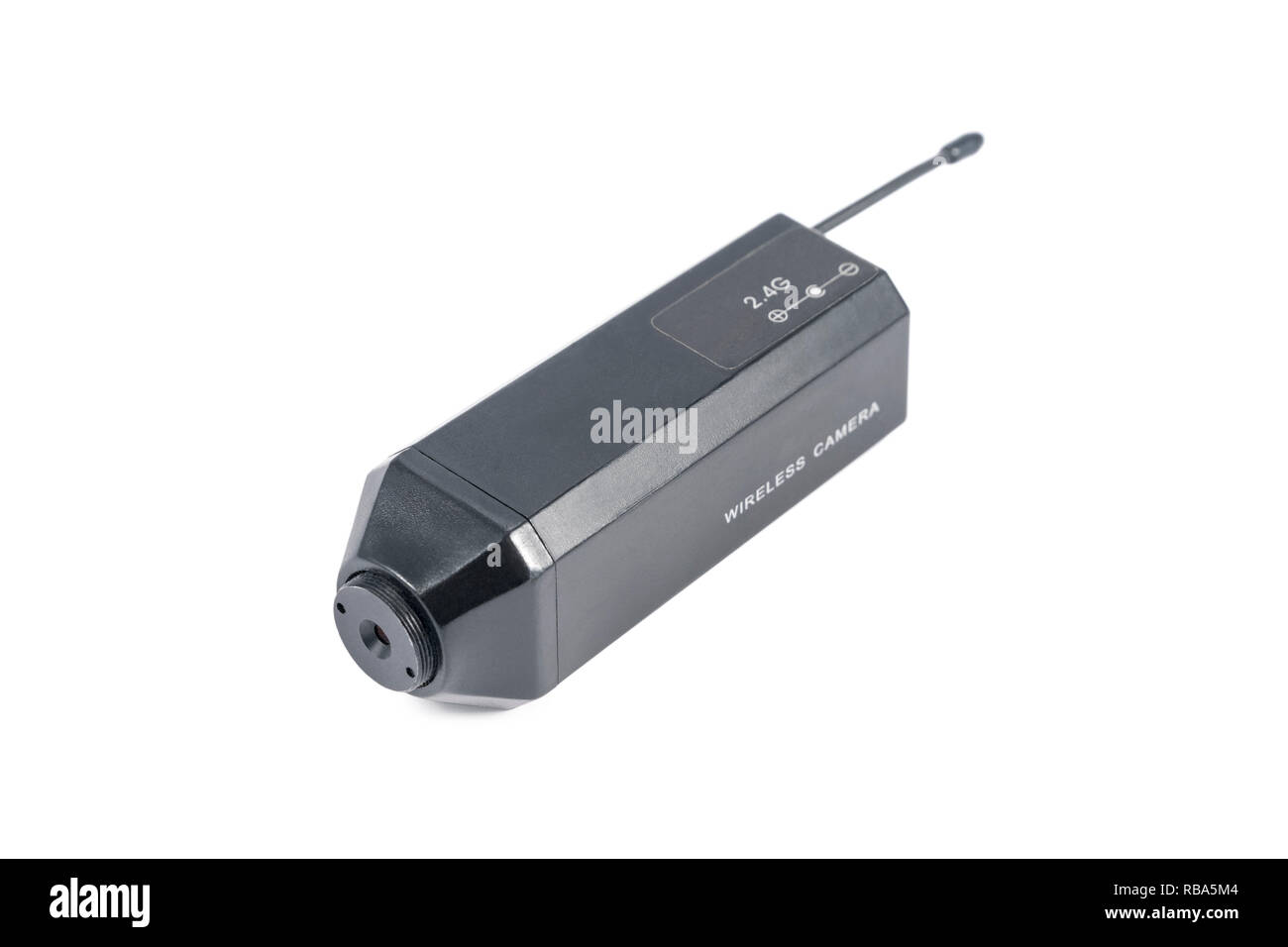 Small wireless spy camera in metal case with antenna isolated on white ...