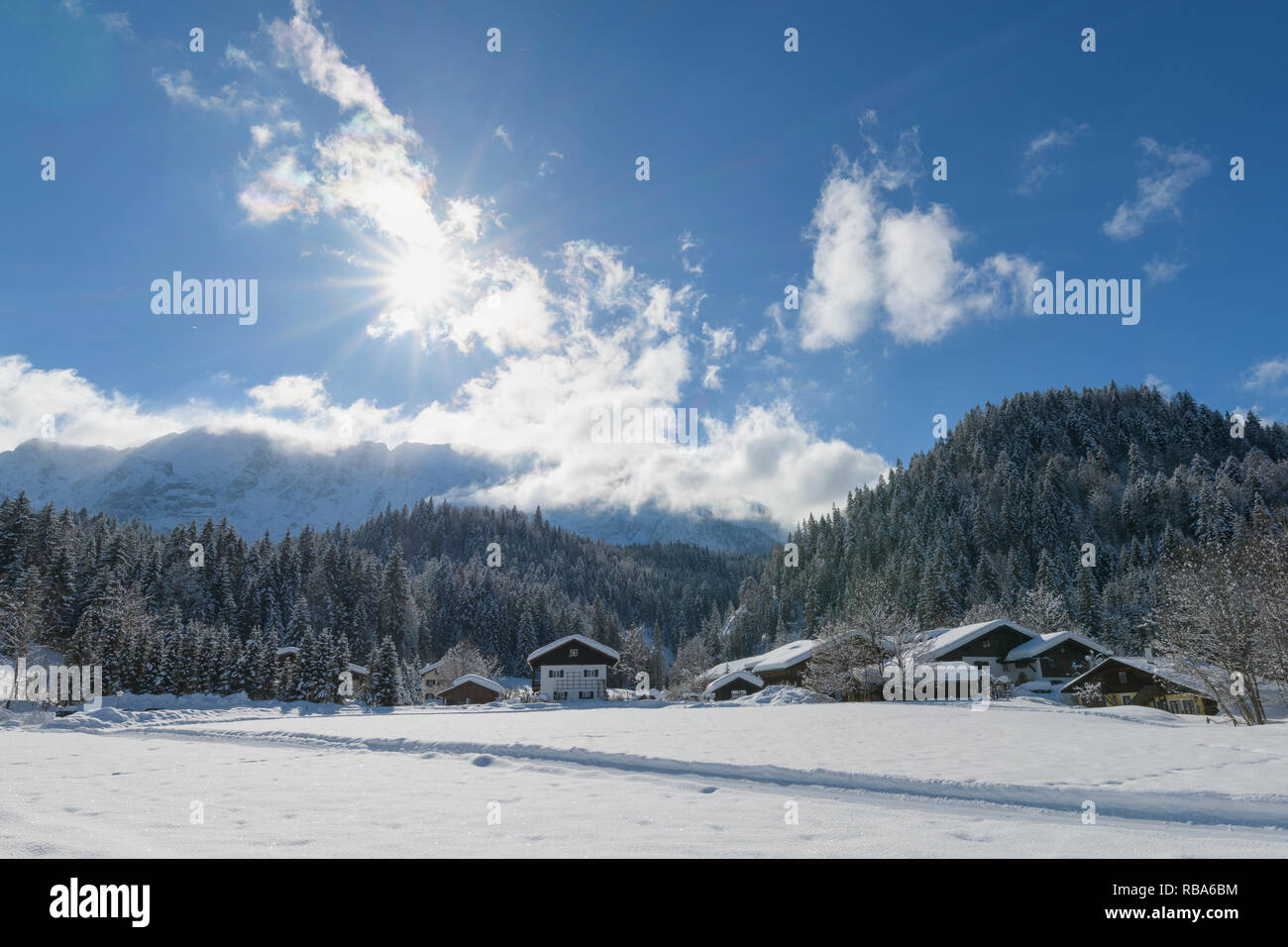 Winter landscape with Wetterstein mountain and sun, Elmau, Garmisch ...