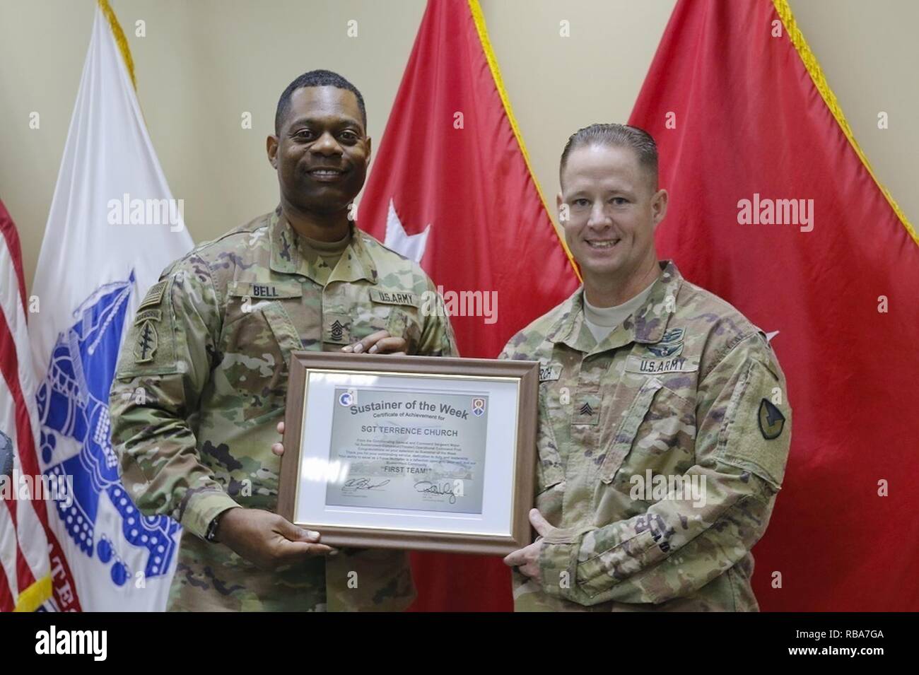 1st Sustainment Command (Theater) Command Sgt. Maj. Edward Bell presented his final Sustainer of ...