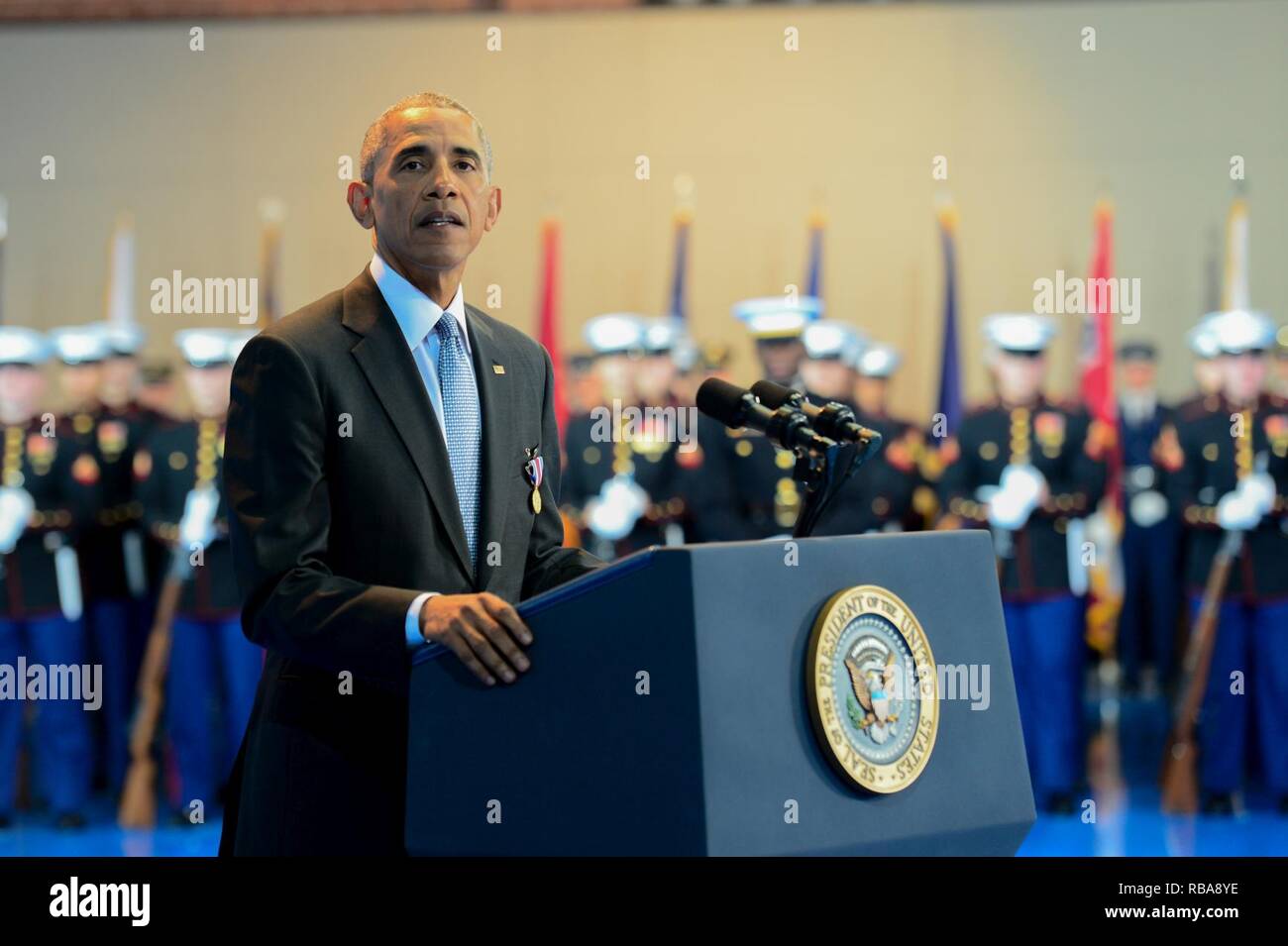 President Barack Obama addresses the audience during an Armed Forces ...