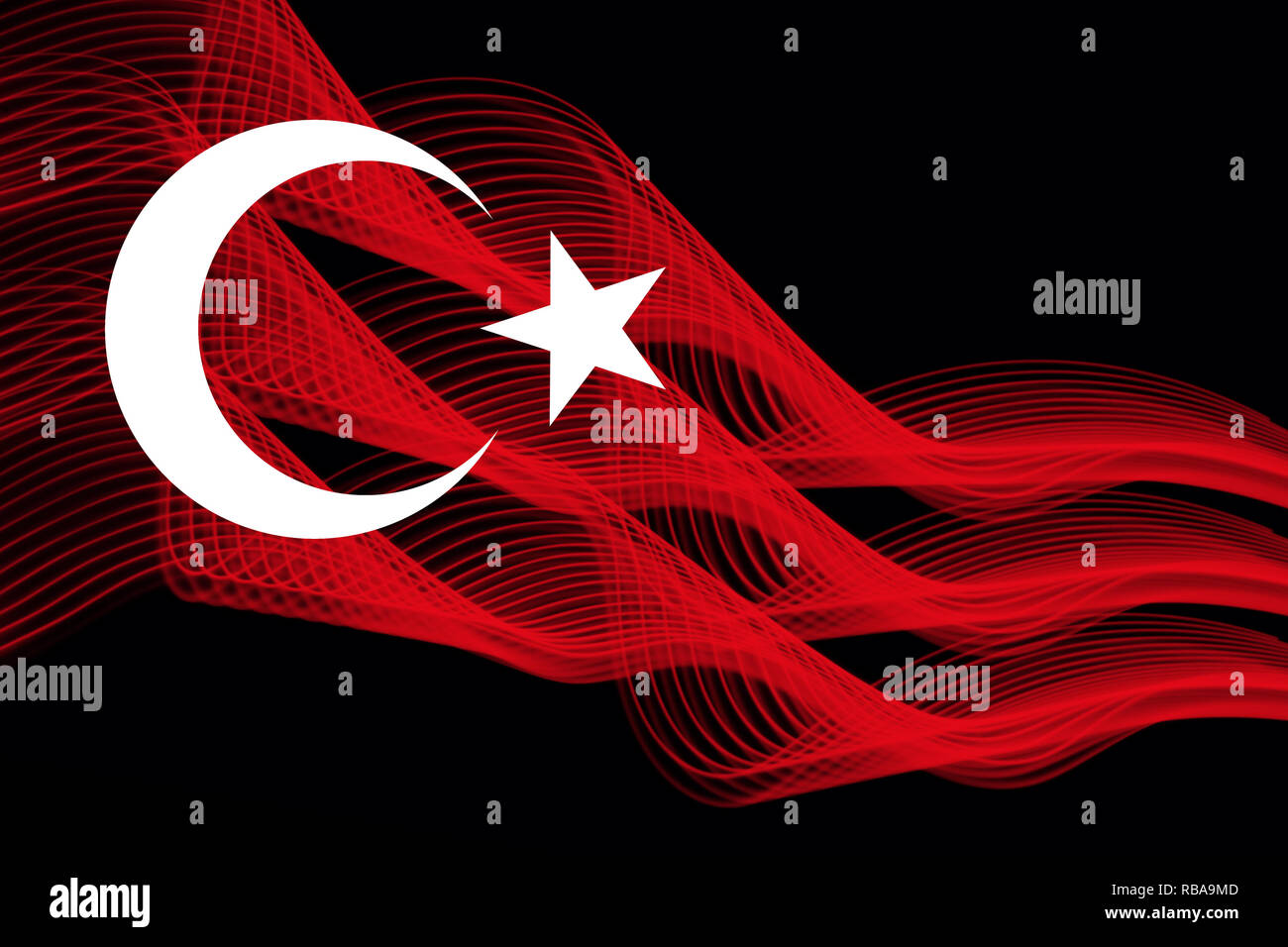 Turkey's national flag of neon glowing intersecting lines on a black ...