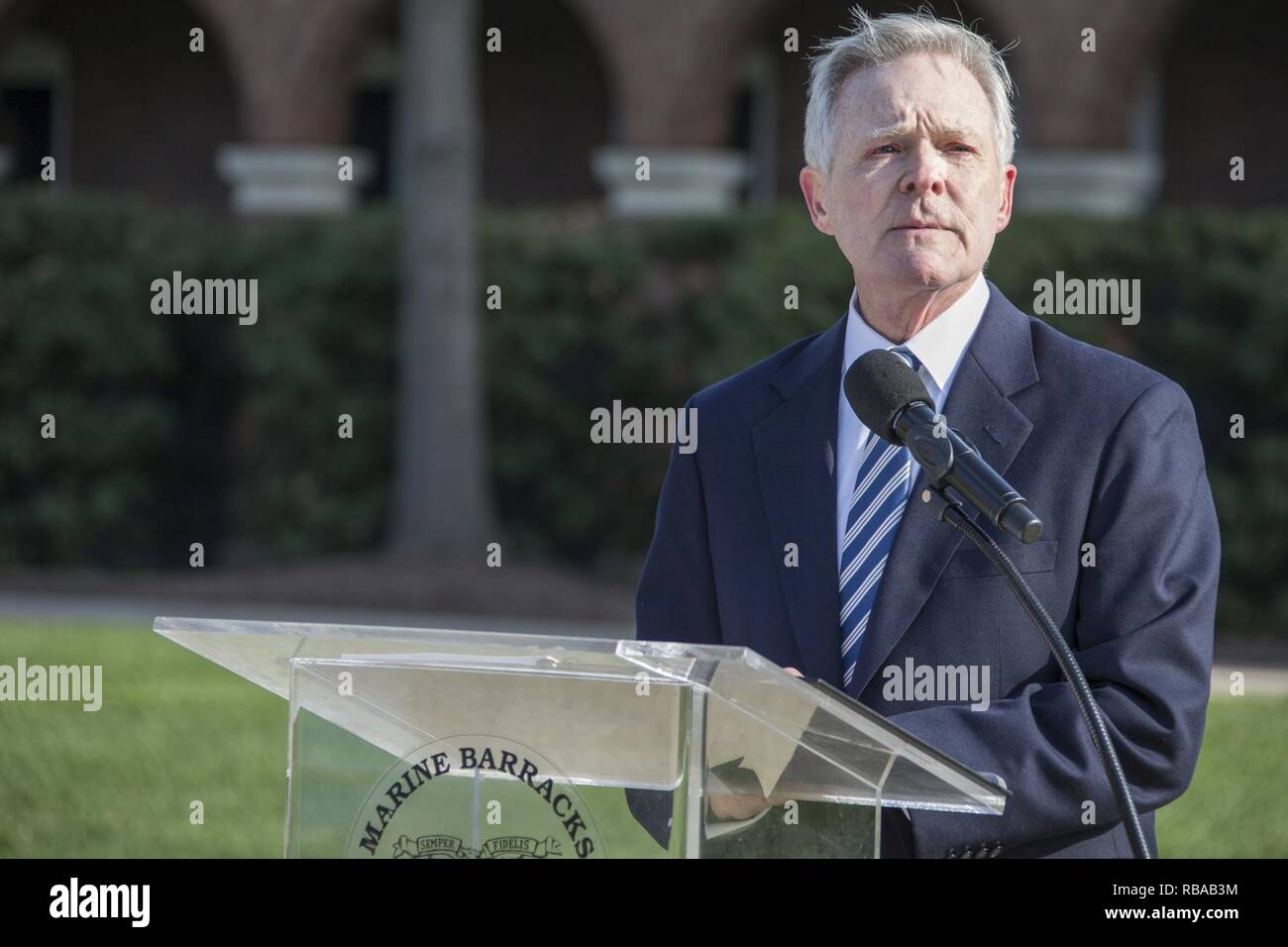 The Honorable Raymond E. Mabus, secretary of the Navy, speaks during ...