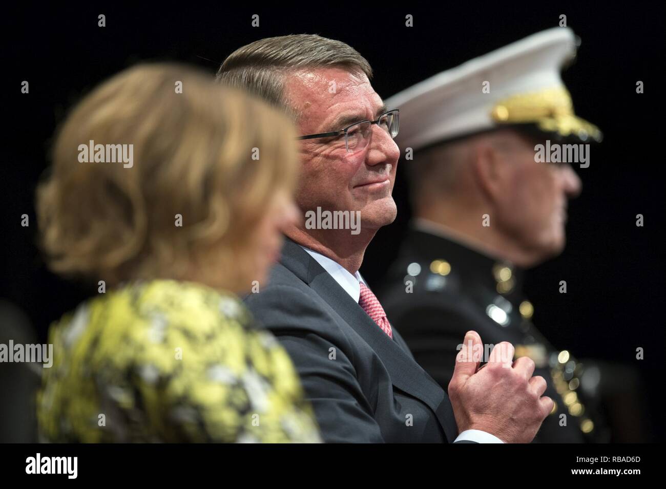 Defense Secretary Ash Carter reacts to watching a video made in honor ...