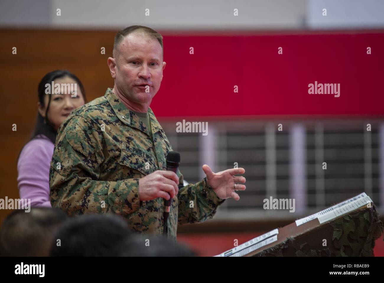 U.S. Marine Brig. Gen. Christopher McPhillips gives his remarks during ...
