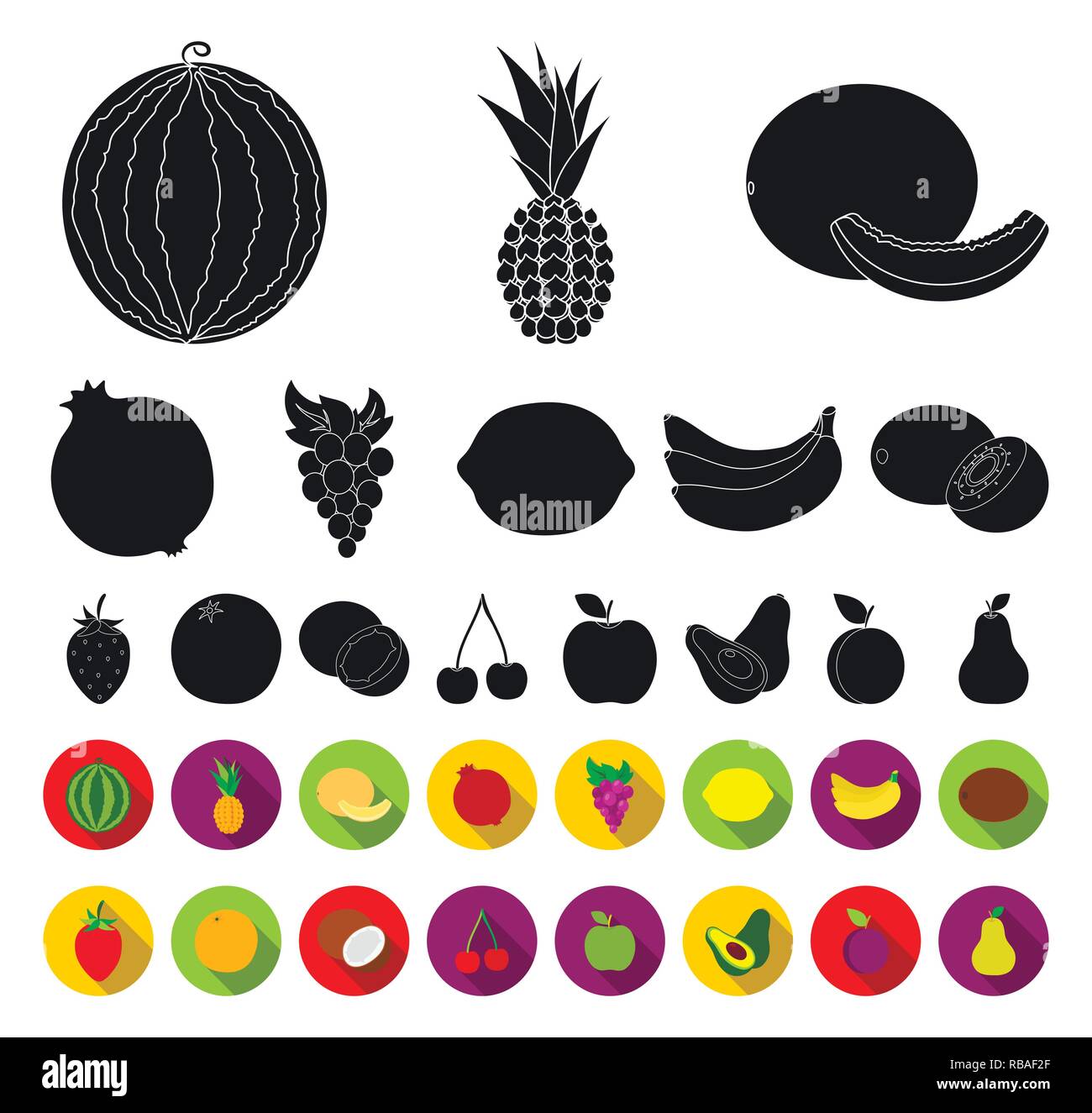 Different fruits black,flat icons in set collection for design. Fruits ...