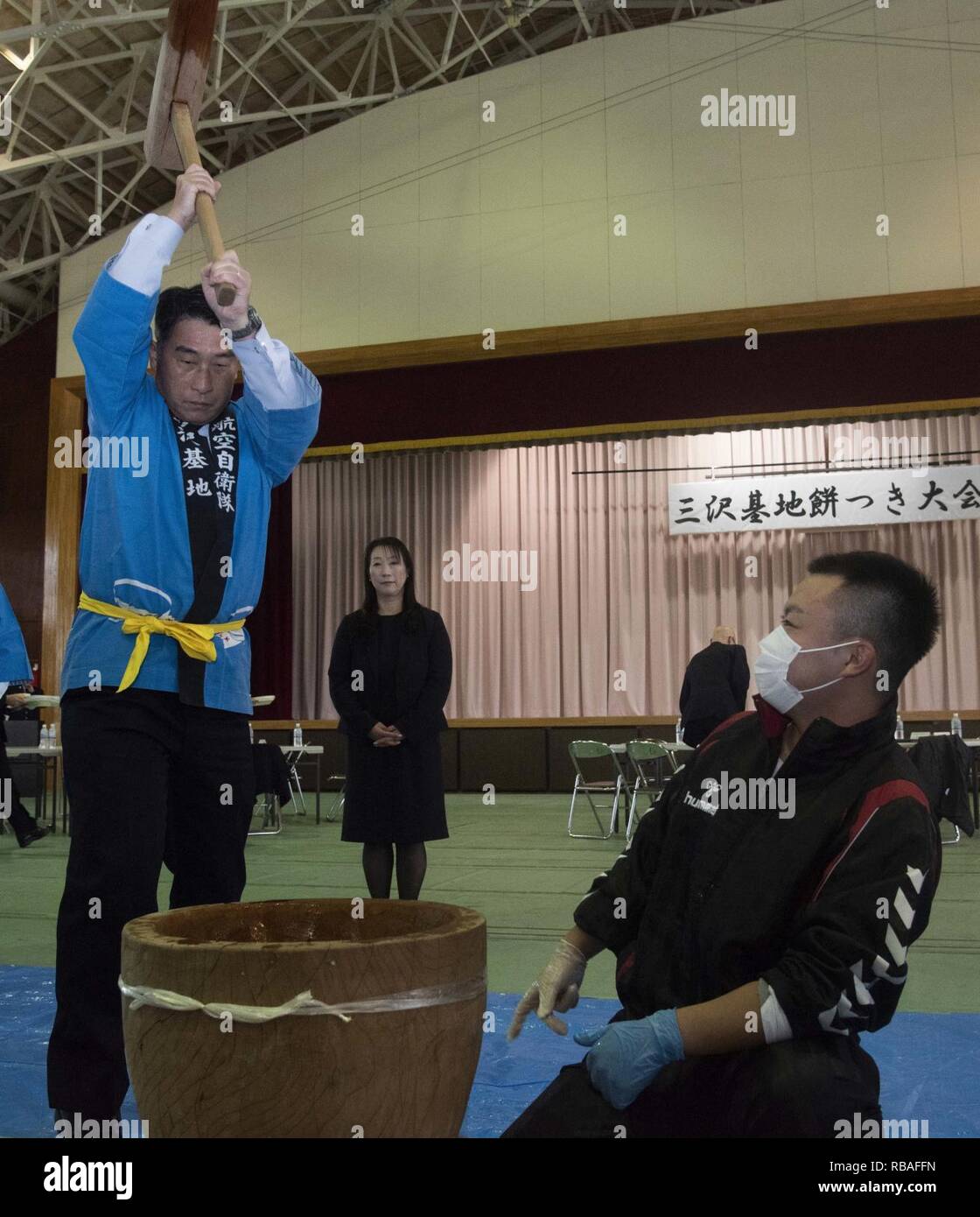 A participant hits mochi during the 2018 Mochi Pounding Ceremony at ...