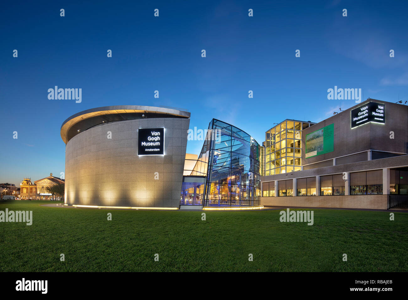 The Netherlands, Amsterdam. Museum square. Van Gogh Museum at dusk ...
