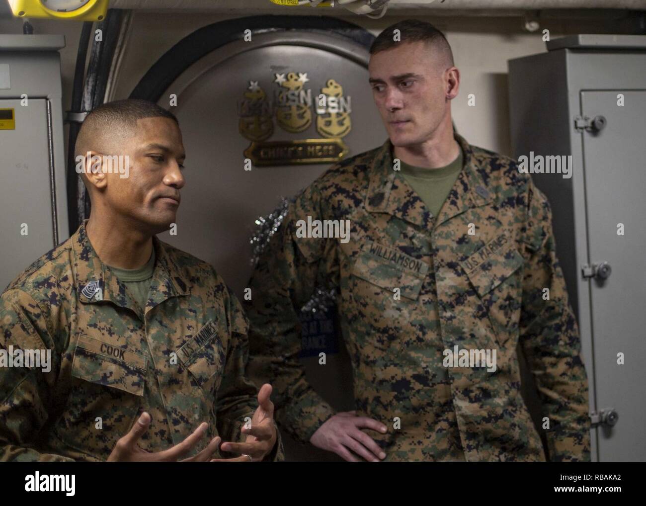 Sergeant Major Jay D. Williamson, Sergeant Major, 22nd Marine Expeditionary Unit speaks with Sgt ...