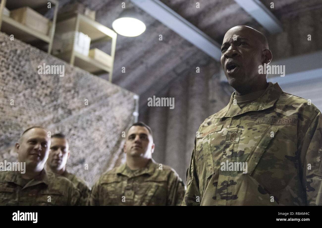 Chief Master Sgt. of the Air Force Kaleth O. Wright leads Airmen in the 455th Expeditionary ...