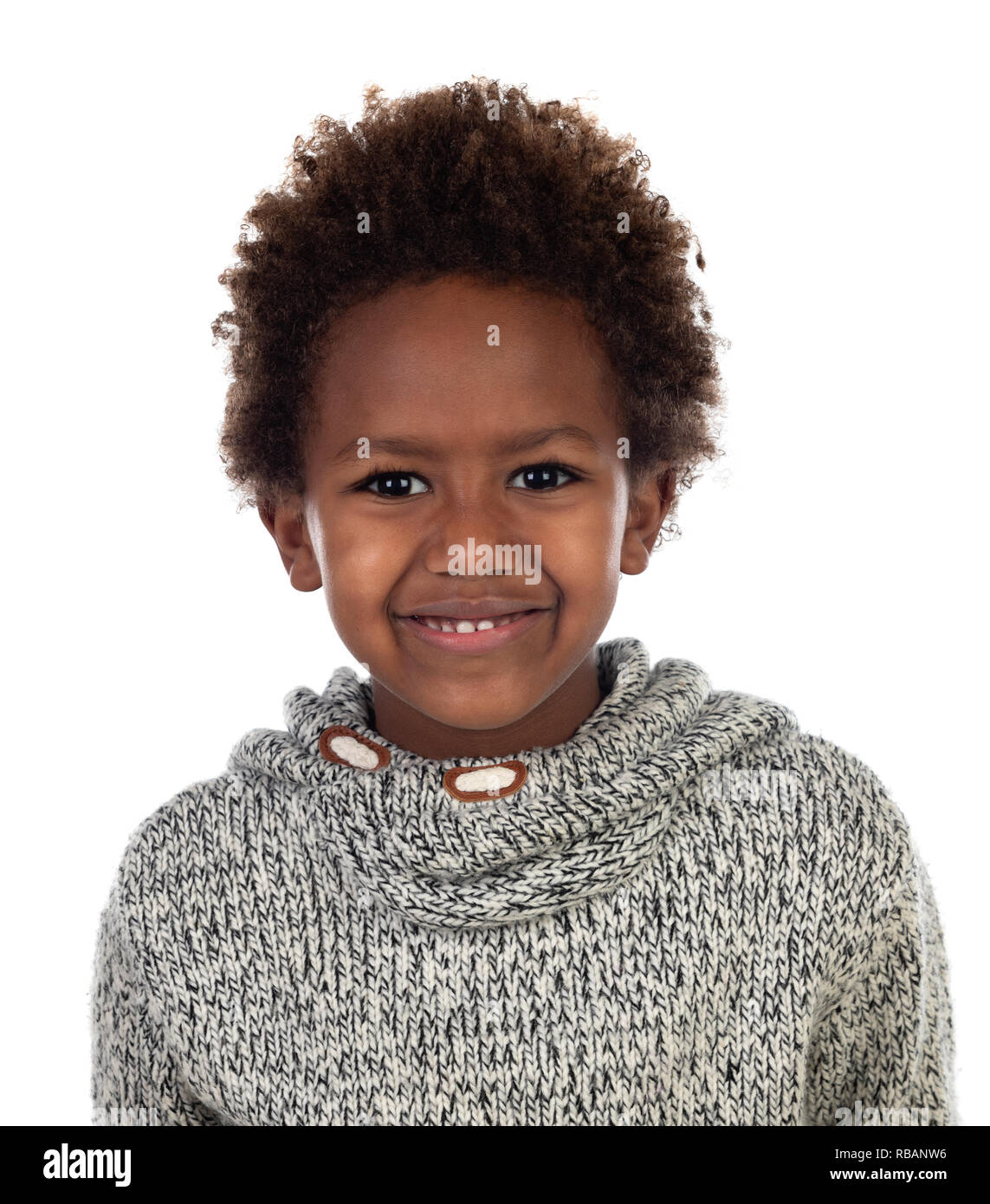 Beautiful Afro-American child with grey wool jersey isolated on a white ...