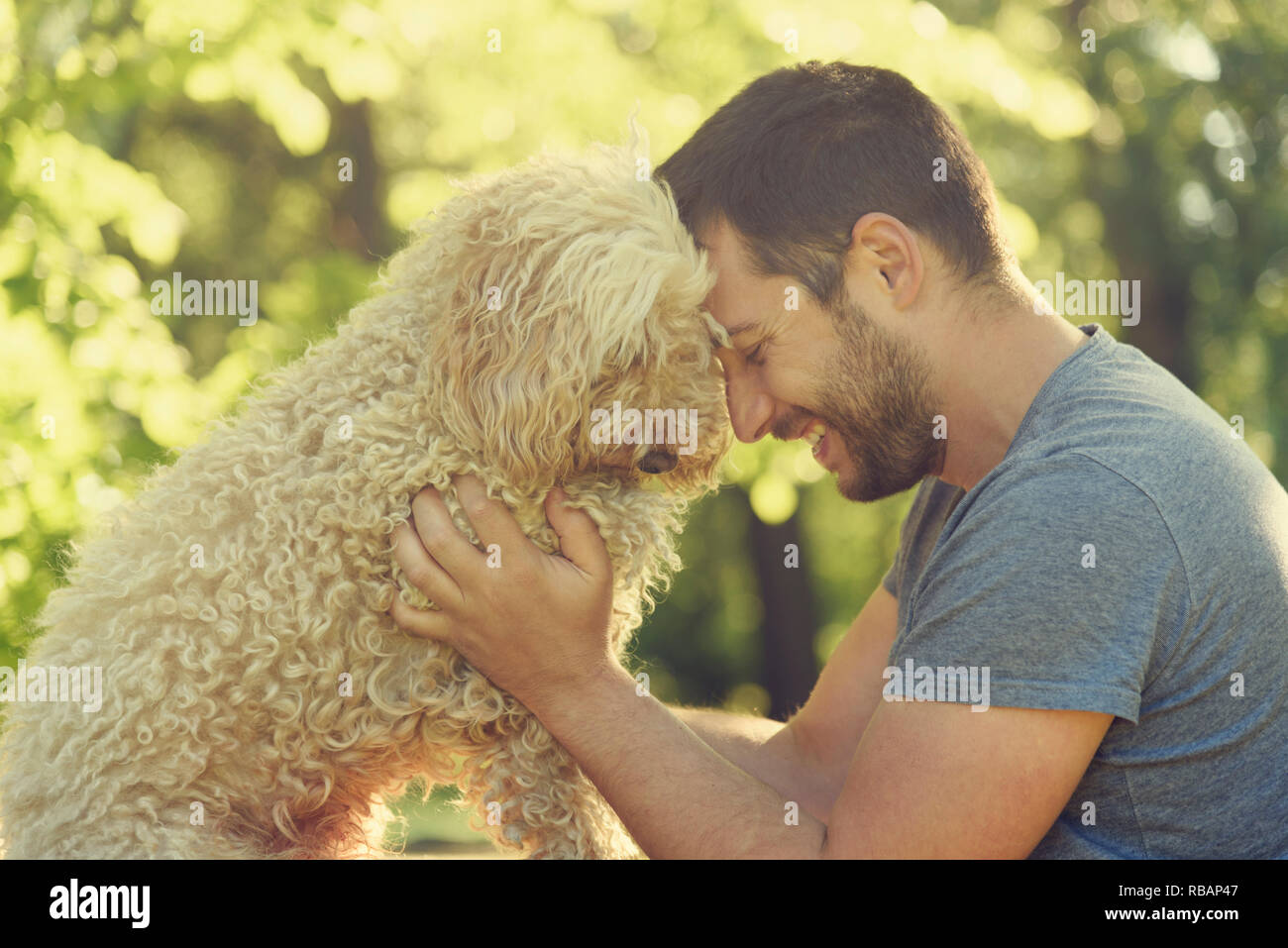 Man with his dog hugging and playing outdoor in the park. Young owner ...