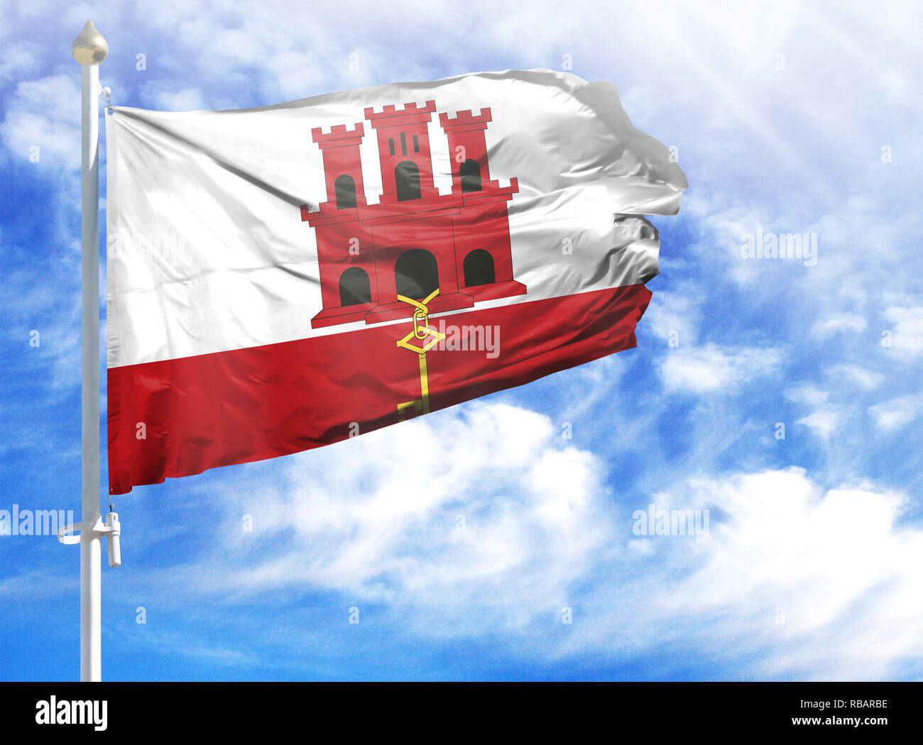 National flag of Gibraltar on a flagpole in front of blue sky Stock ...