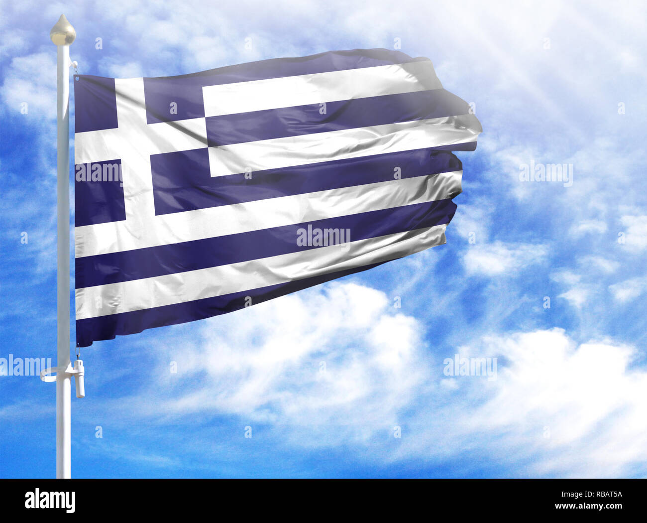 National flag of Greece on a flagpole in front of blue sky Stock Photo ...