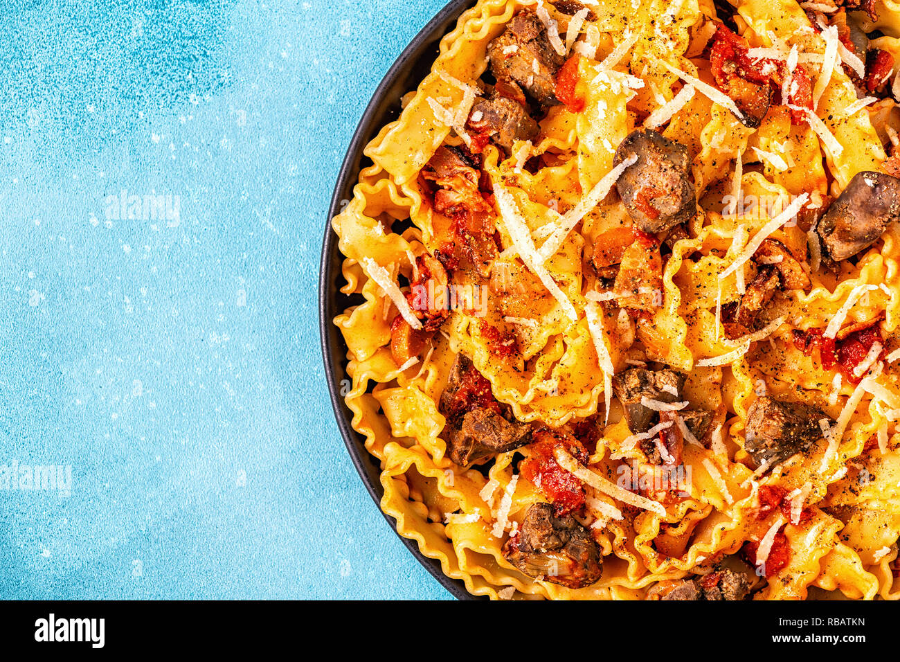 Pasta with chicken liver sauce, top view Stock Photo - Alamy