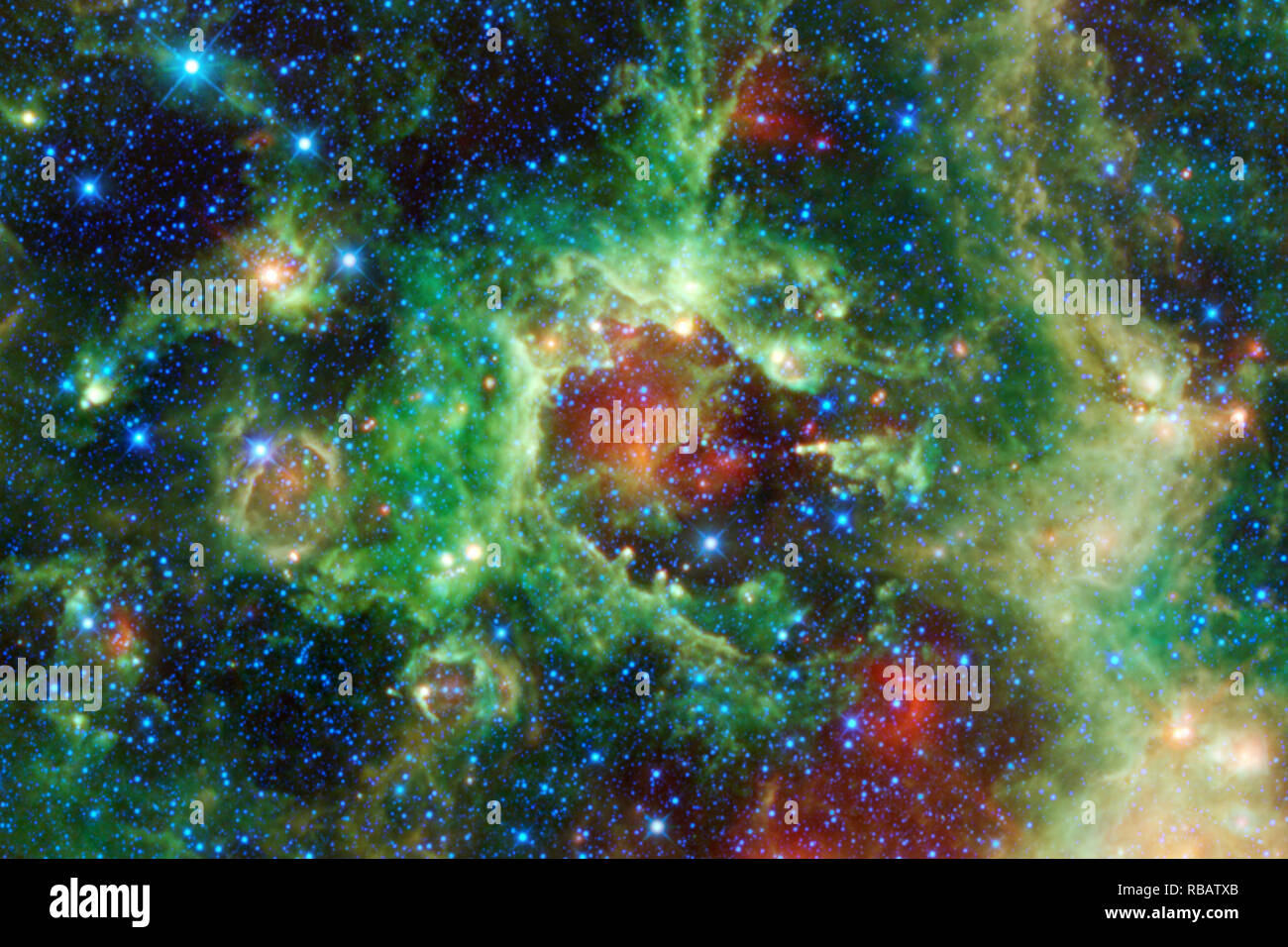 Universe scene with bright stars and galaxies in deep space showing the ...