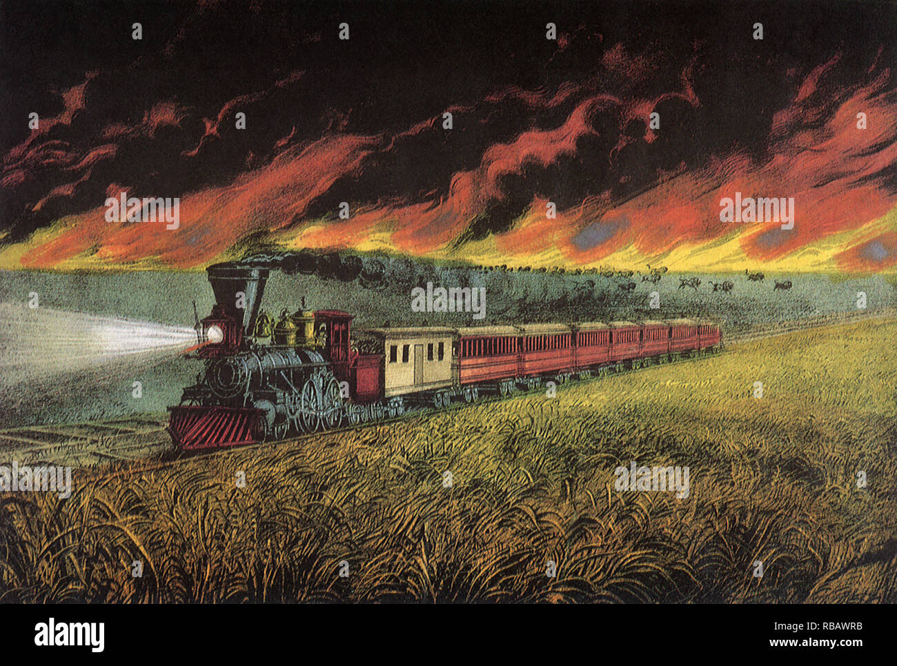 Train and Burning Prairie Stock Photo - Alamy