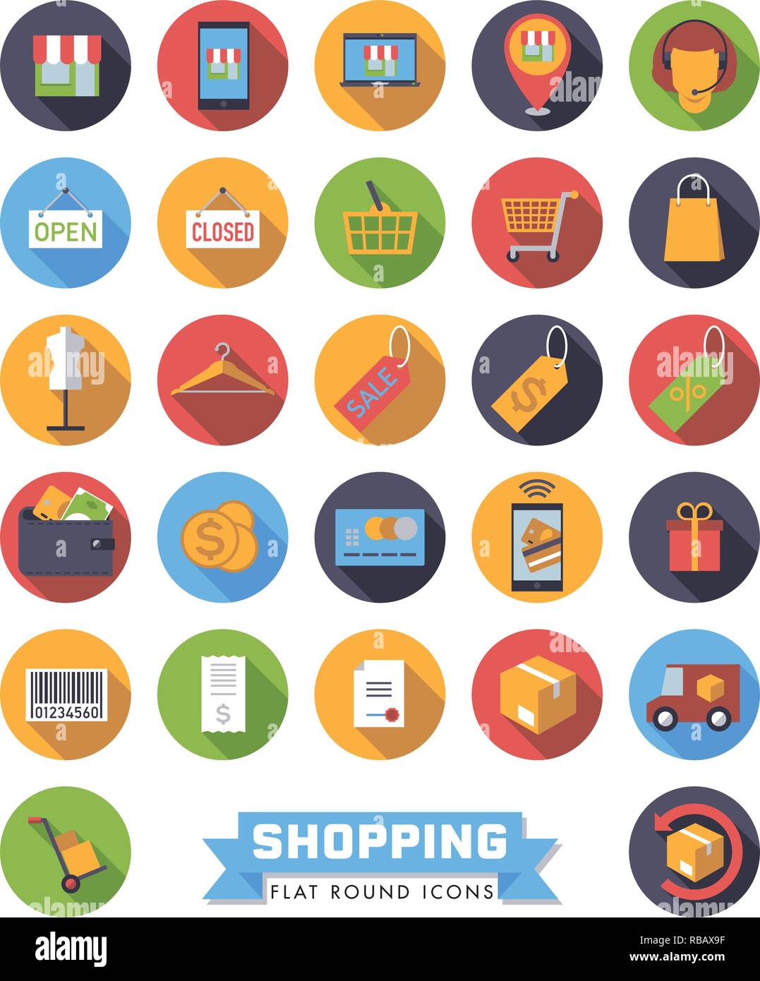 Round flat design shopping and retail vector icons set Stock Vector ...