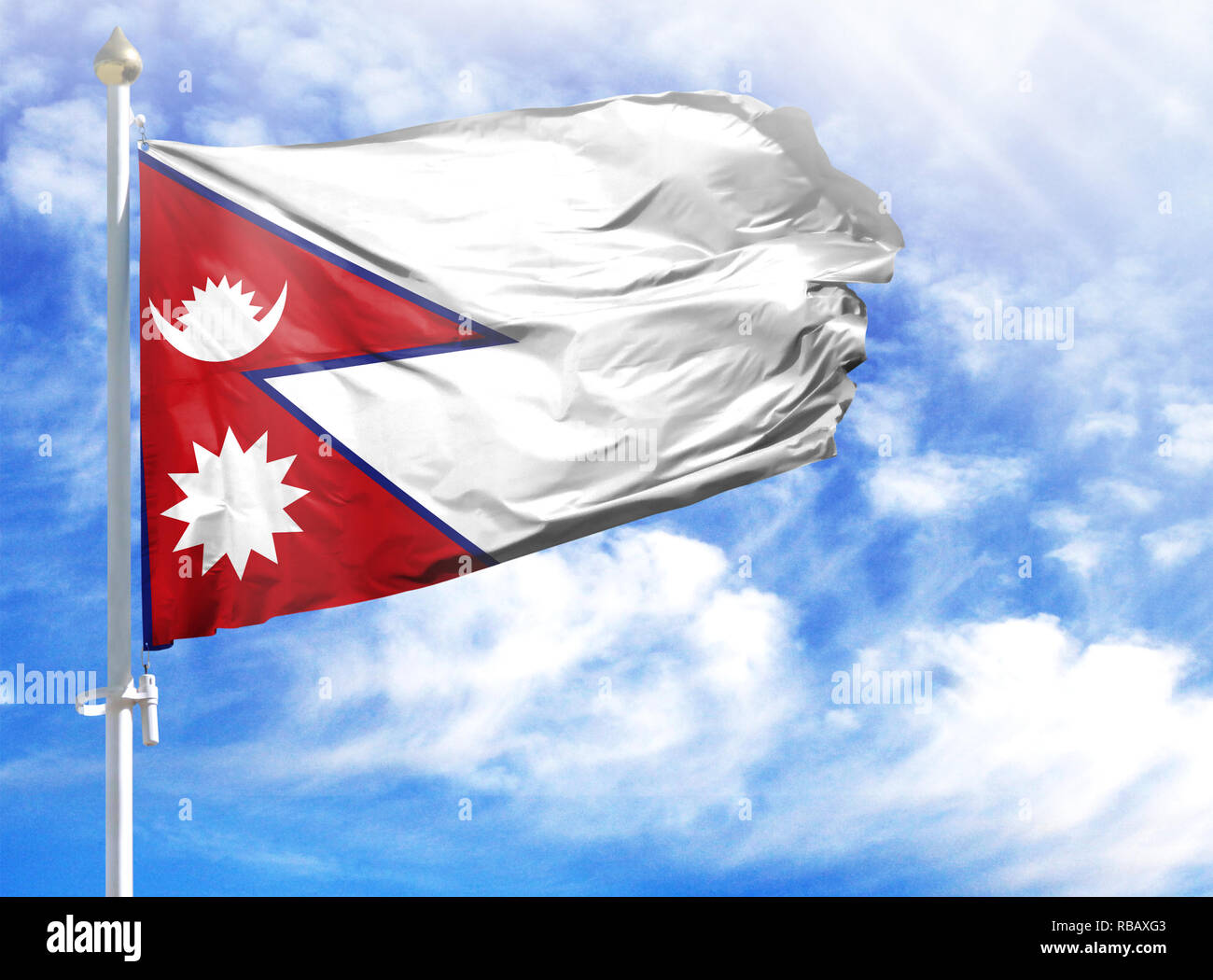 National flag of Nepal on a flagpole in front of blue sky Stock Photo ...