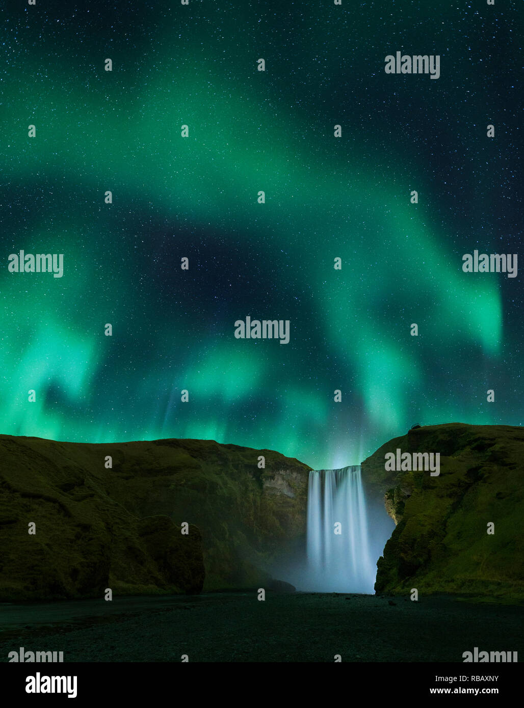 Skogafoss Waterfall with Aurora Borealis, Iceland Stock Photo - Alamy