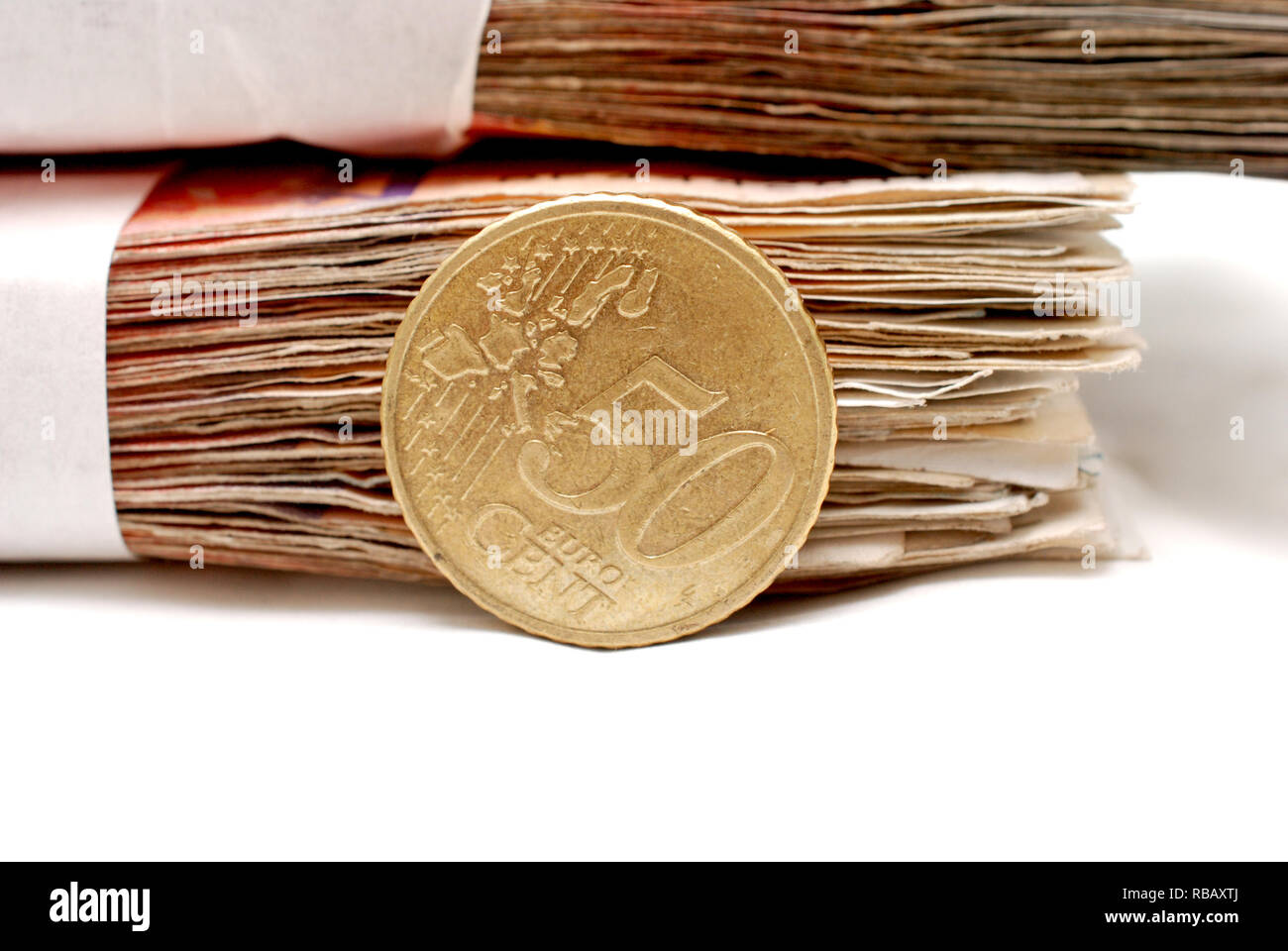 50 euro cent coin on a banknote background, image Stock Photo - Alamy