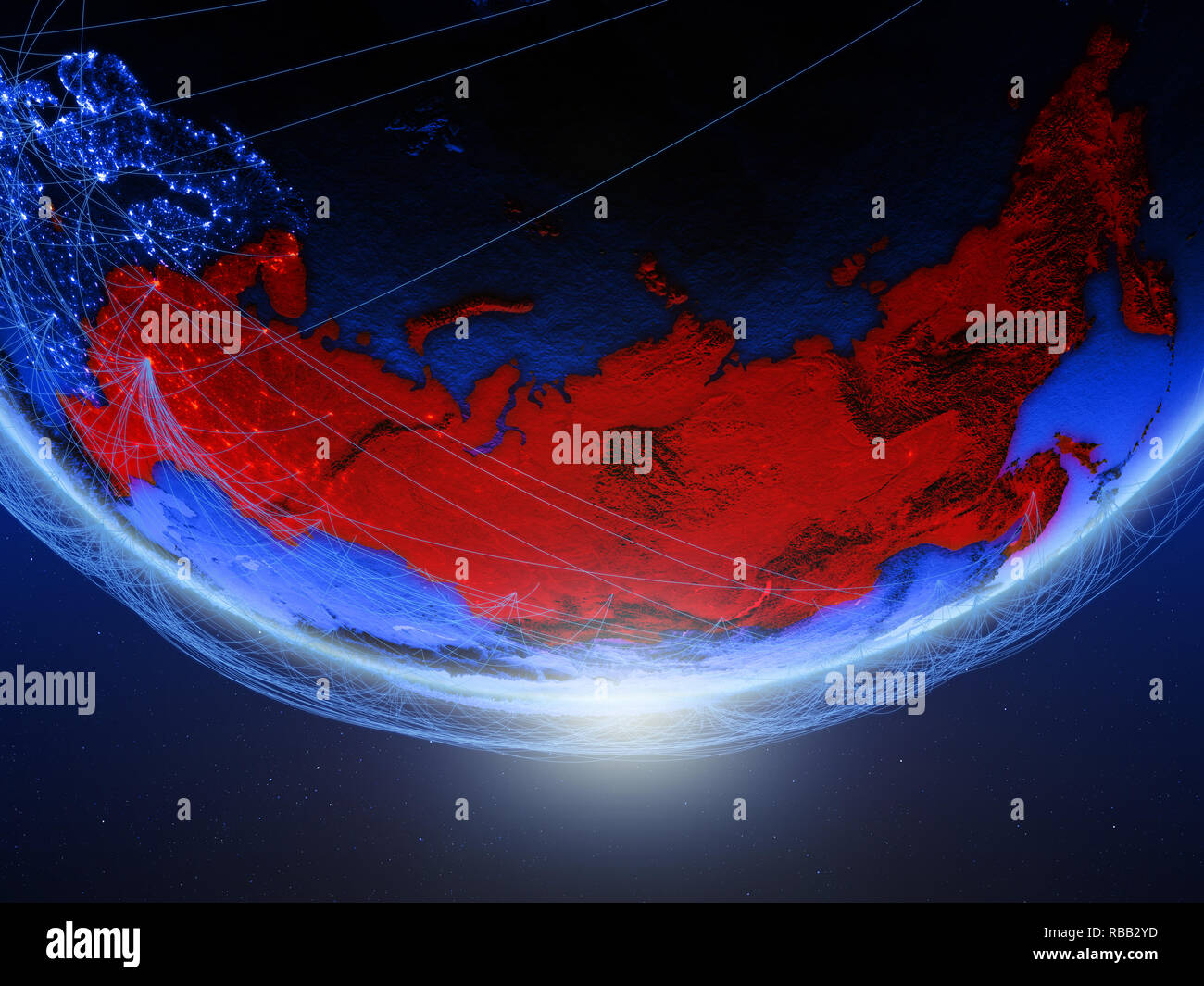Russia on green model of planet Earth with network representing blue ...