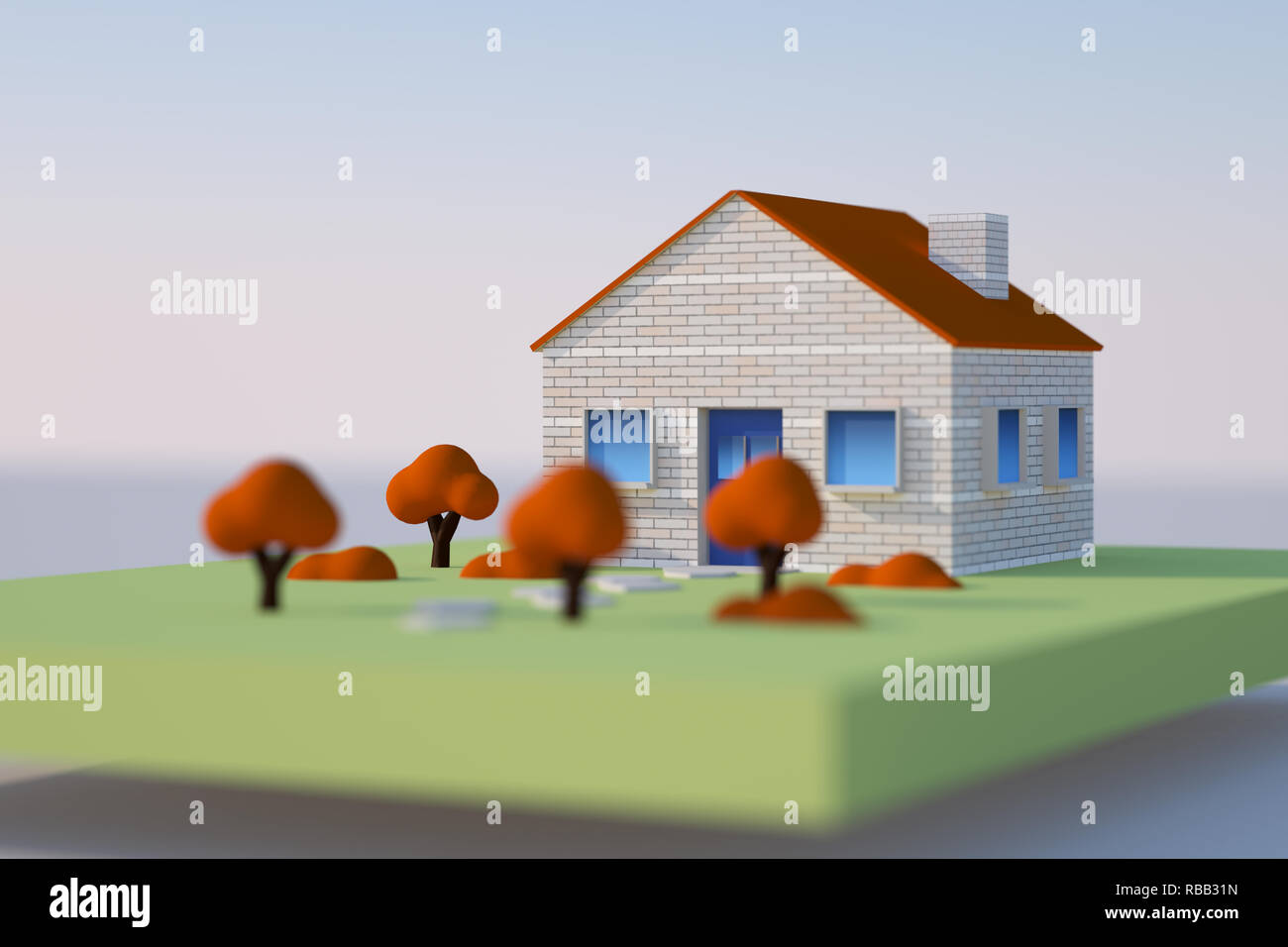 Close up a CGI house on a green ground and with trees Stock Photo - Alamy