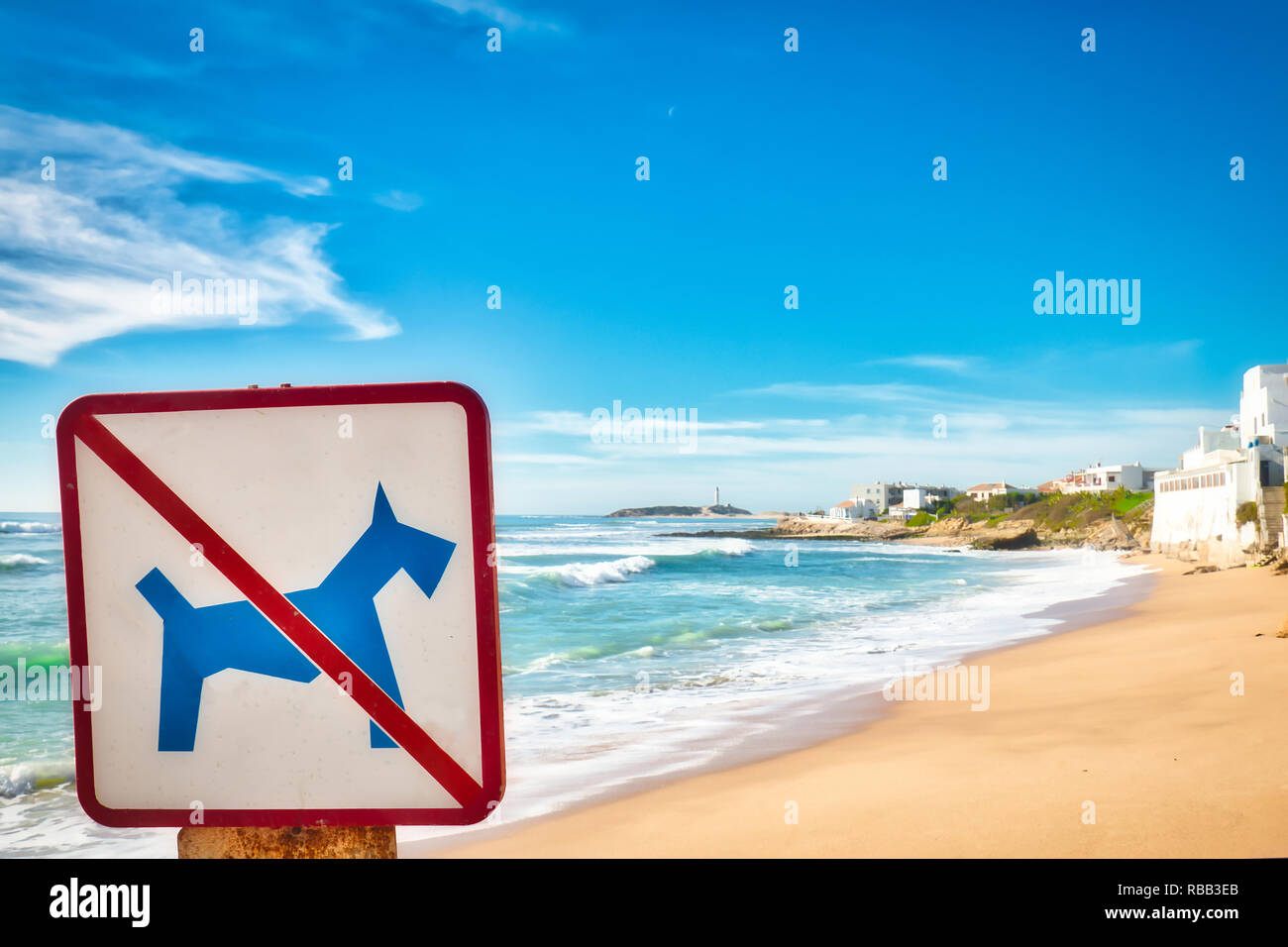 Sign of forbidden dogs on the beach of Guadalupe, in the Caños de Meca ...