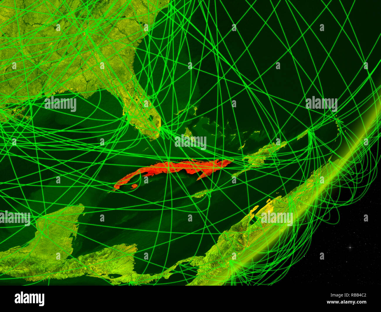 Cuba on green model of planet Earth with network at night. Concept of ...