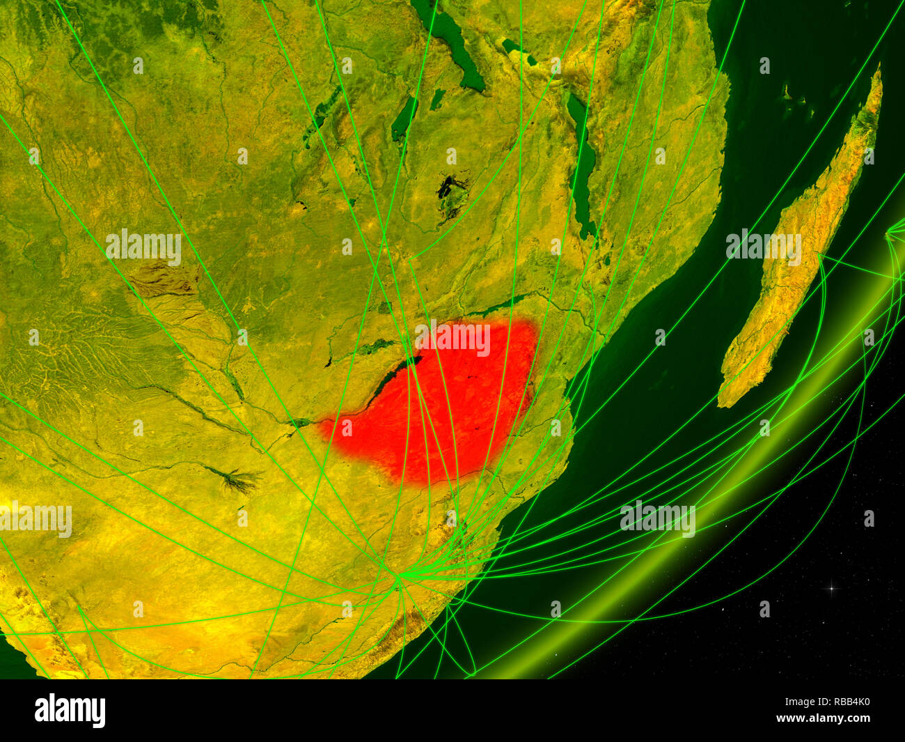 Zimbabwe on green model of planet Earth with network at night. Concept ...