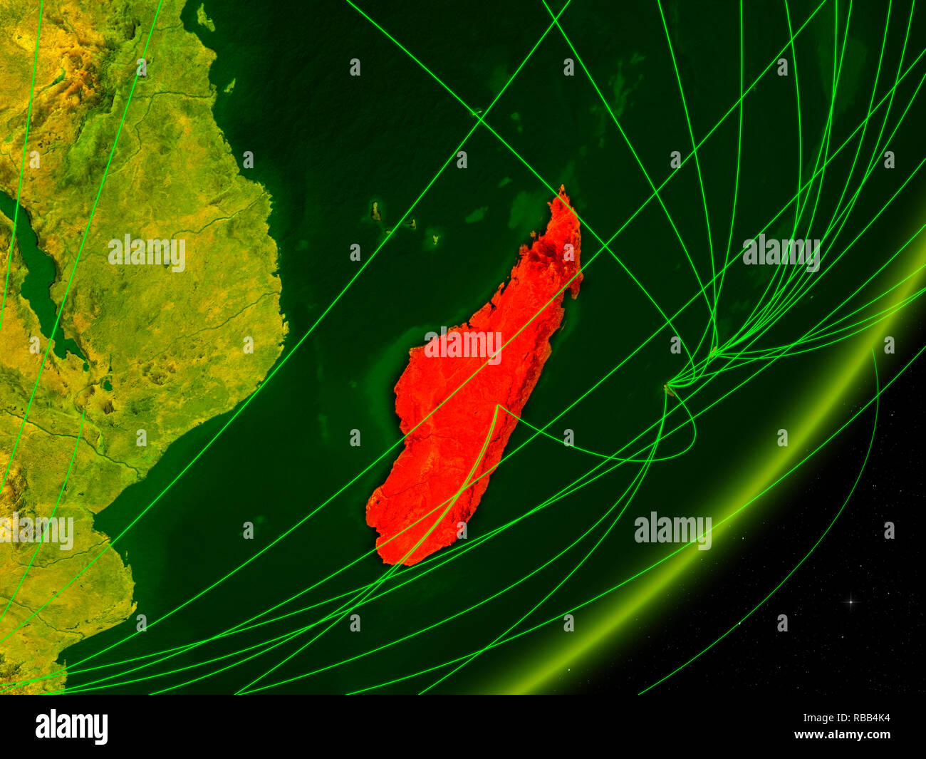 Madagascar on green model of planet Earth with network at night ...
