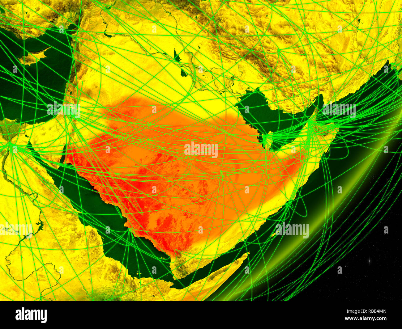 Saudi Arabia on green model of planet Earth with network at night ...