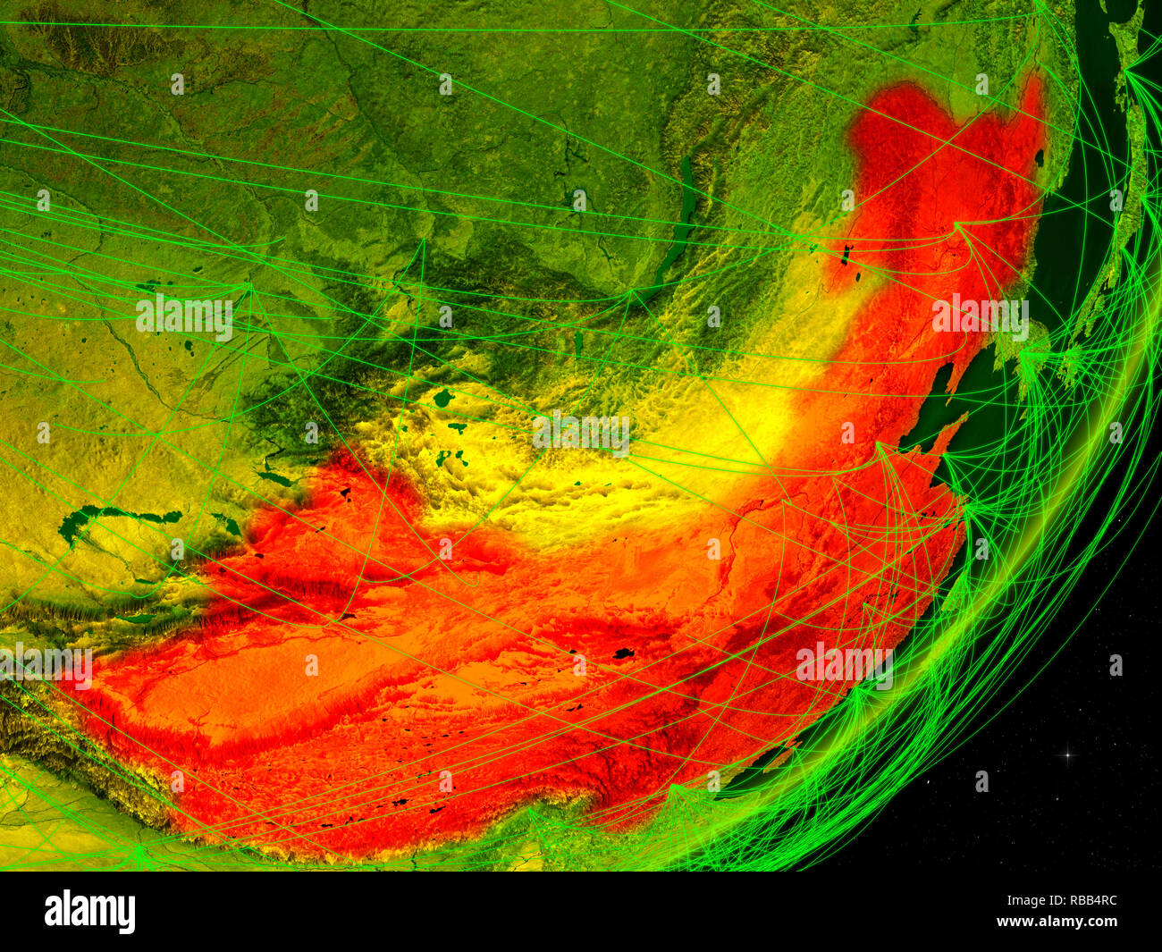 China on green model of planet Earth with network at night. Concept of ...