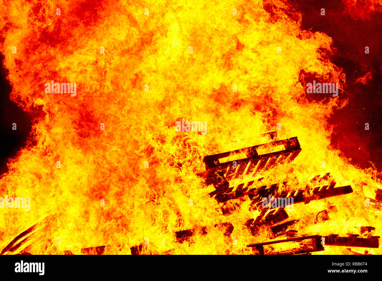 Burning fire. Bonfire. Fire fighting and flame ignition. Warning ...