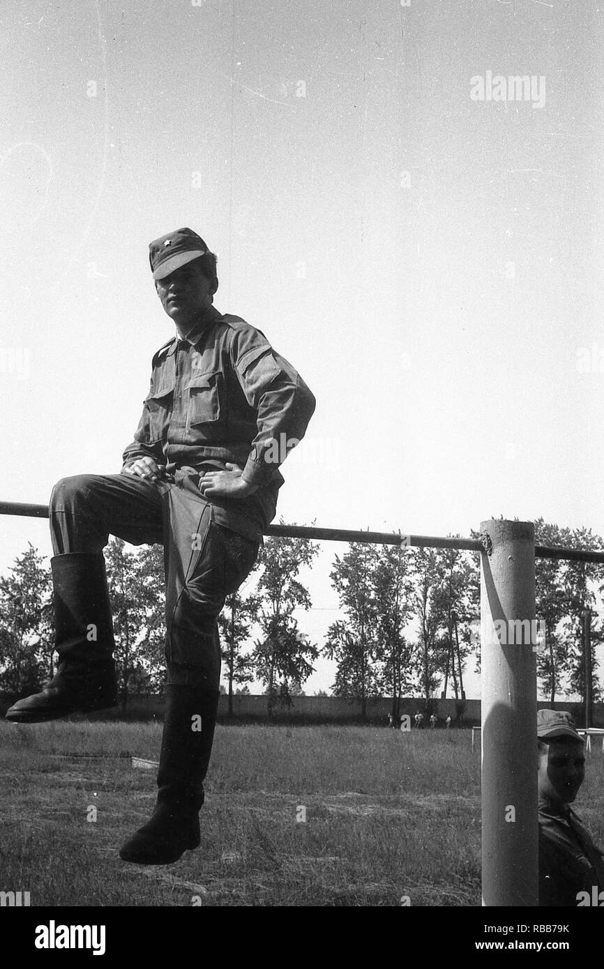 MOSCOW REGION, RUSSIA - CIRCA 1992: A soldier of the Russian army on a ...