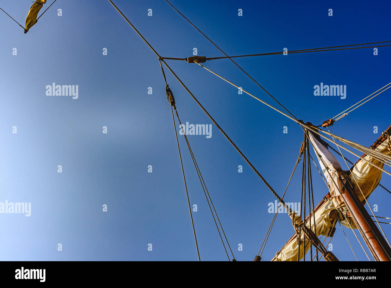 Sails and ropes of the main mast of a caravel ship, Santa María ...