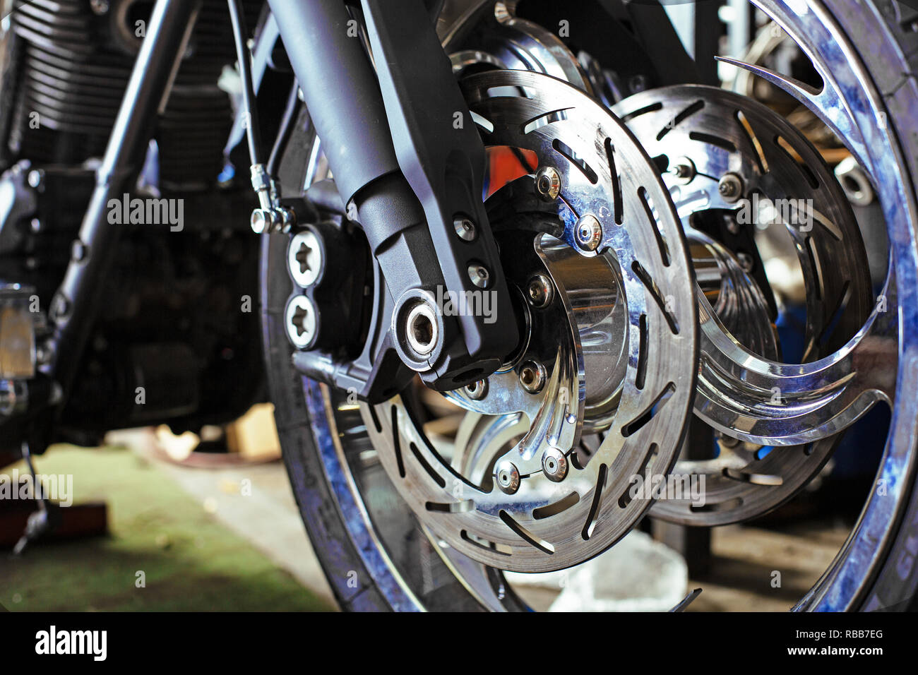 Cropped close up shot of beautiful and custom made motorcycle Stock ...