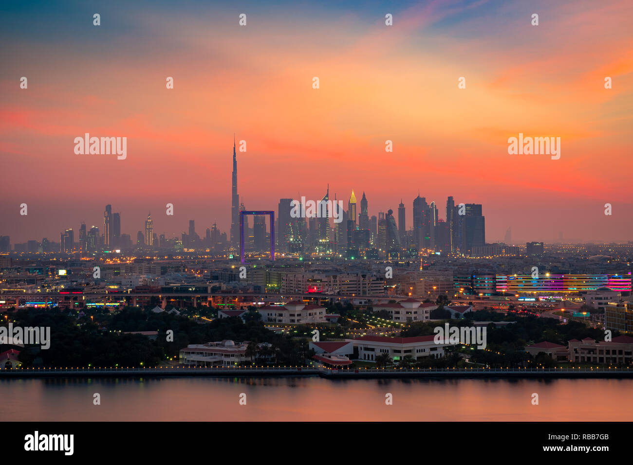 Sunset light light at night moon in dusk building hi-res stock ...